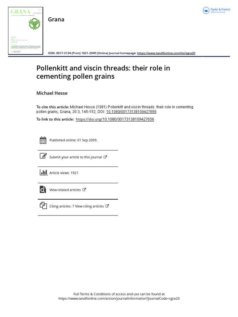 Pollenkitt and Viscin Threads Their Role in Cementing Pollen Grains ...