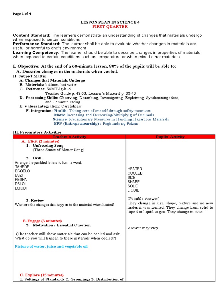 (FIRST QUARTER) Describe Changes in The Materials When Cooled. | PDF | Learning | Water