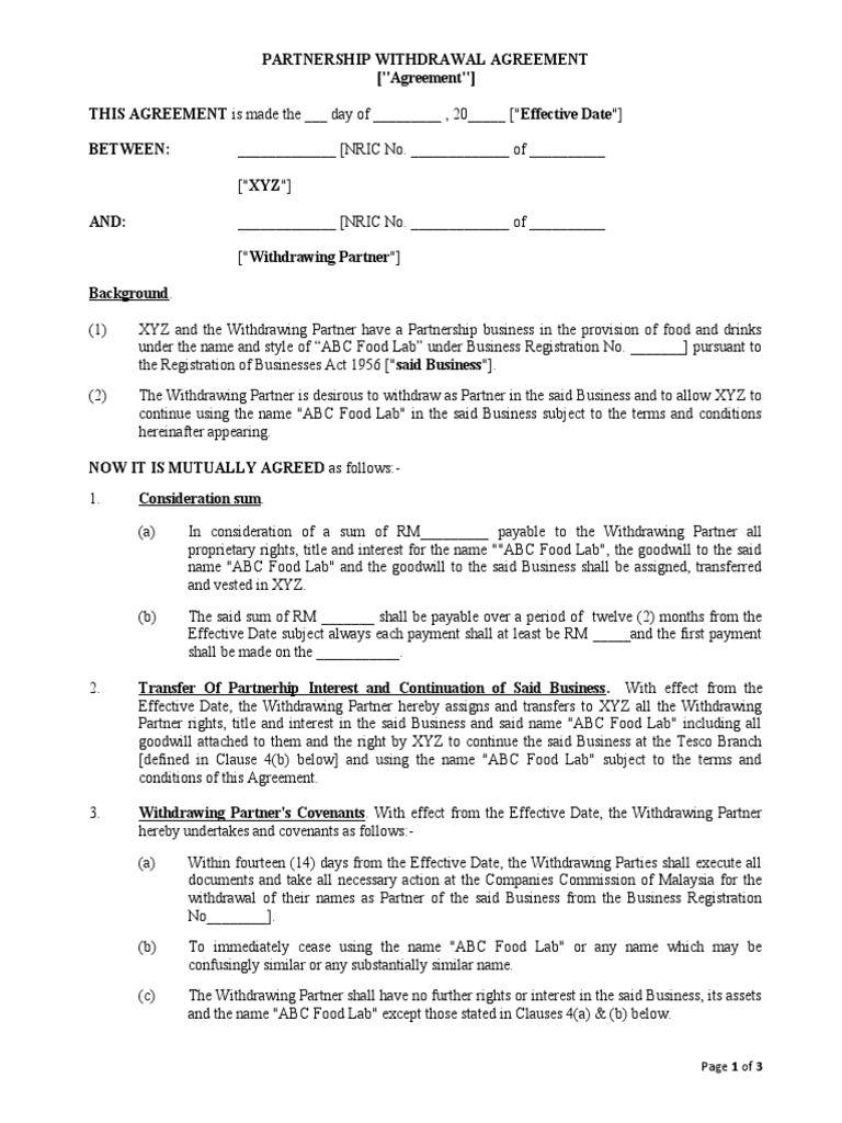 Partnership Withdrawal Agreement Template | PDF | Indemnity | Business