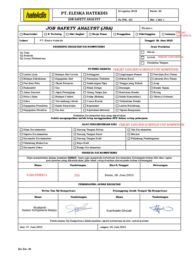 Panduan Pengisian Job Safety Analysis | PDF