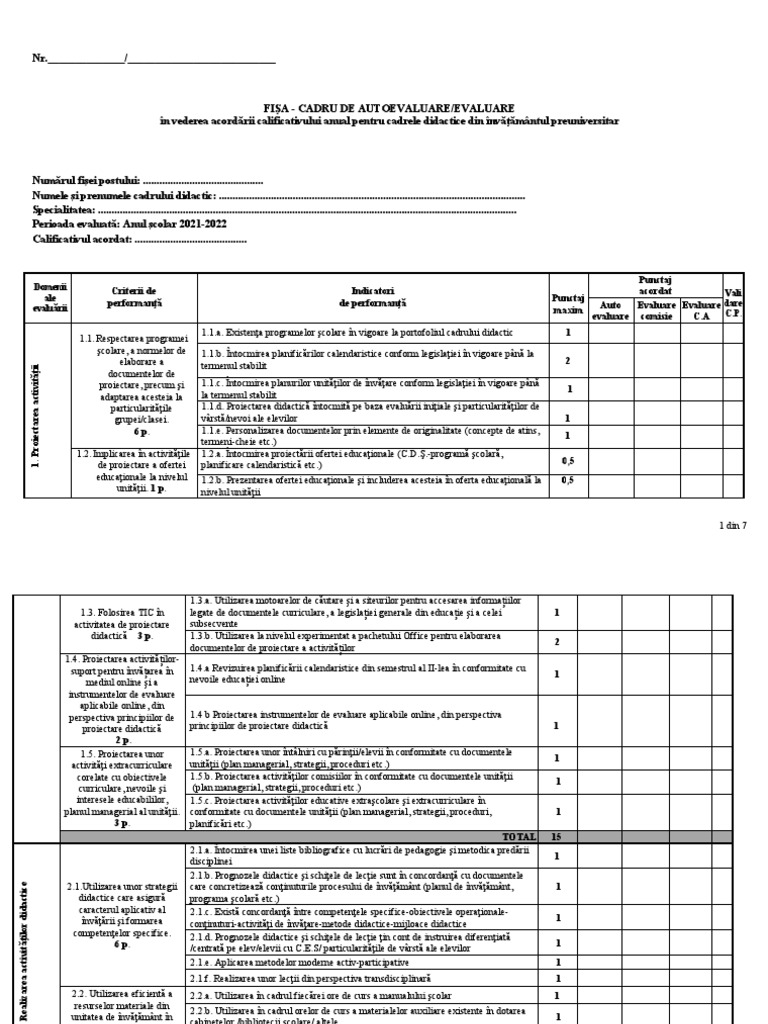 Fisa Autoevaluare Cadre Didactice 2021-2022 | PDF