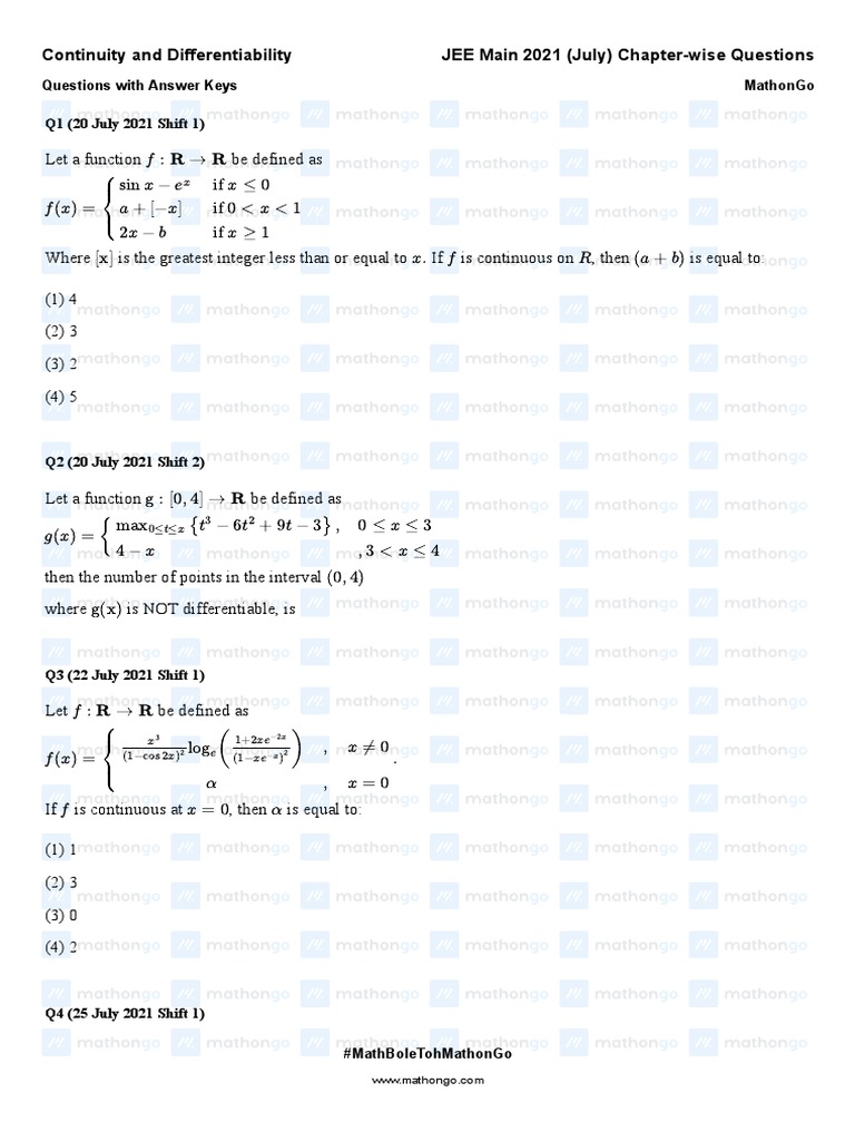 Continuity and Differentiability - JEE Main 2021 July Chapter-Wise - MathonGo | PDF | Algebra ...