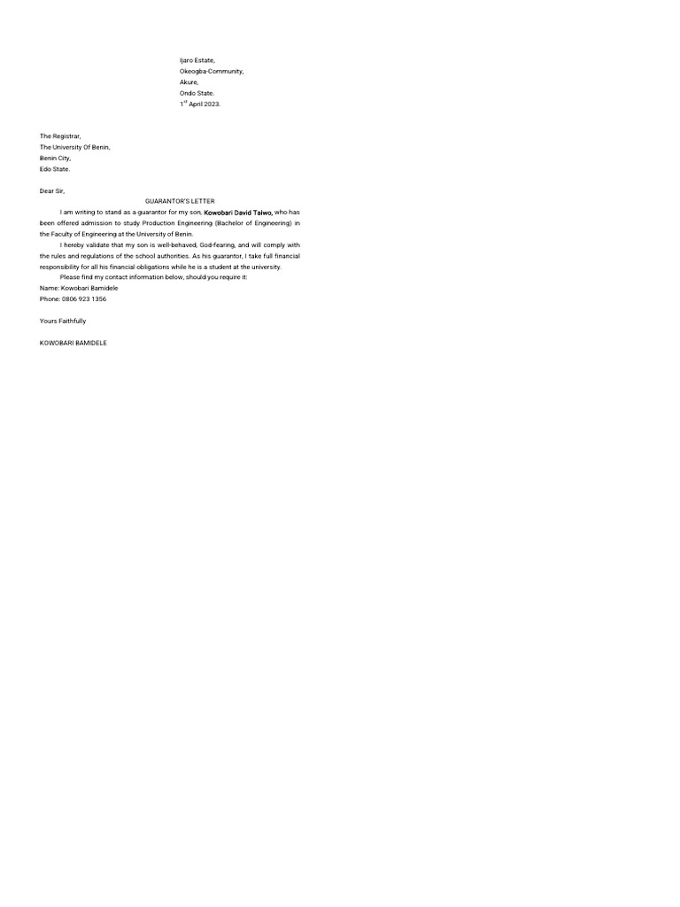 Guarantor's Letter Edited | PDF