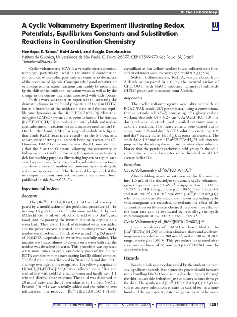 A Cyclic Voltammetry Experiment Illustrating Redox Potentials, Equilibrium Constants and ...