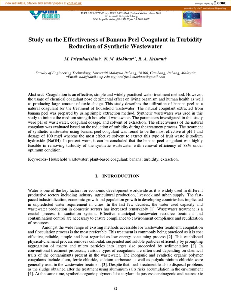 Study On The Effectiveness of Banana Peel Coagulant in Turbidity Reduction of Synthetic ...