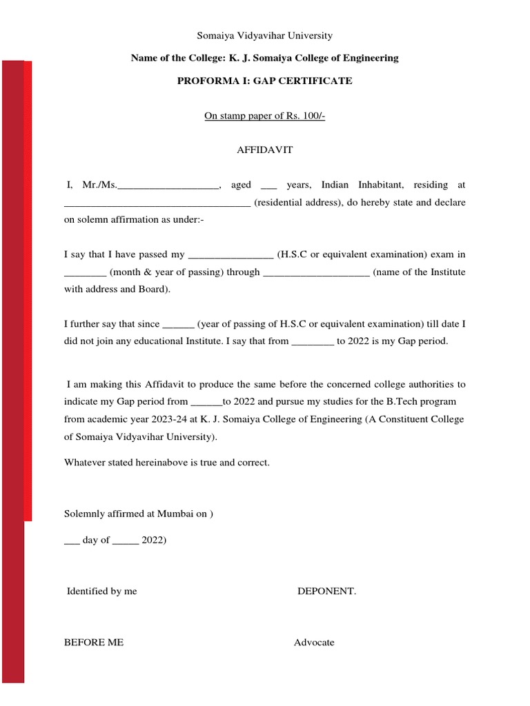 Gap Certificate Affidavit for Admission | PDF