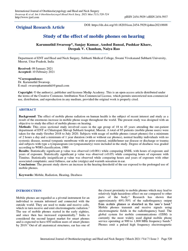 Study of The Effect of Mobile Phones On Hearing | PDF | Hearing Loss | Hearing