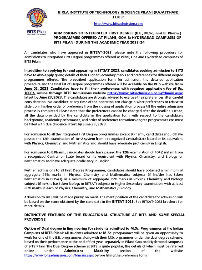 BITS Pilani 2023 Admissions Guide | PDF | University And College Admission | Academic Degree