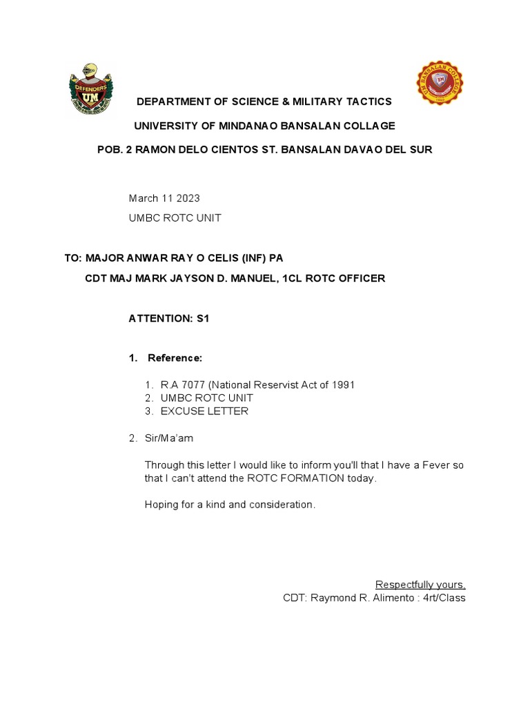 Rotc Excuse Letter - Copy | PDF