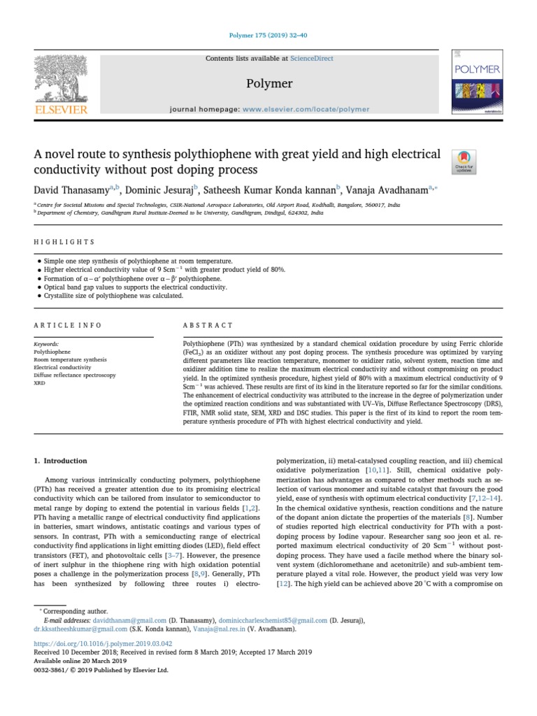 Polymer 178 32-A Novel Route To Synthesis Polythiophene With Great ...