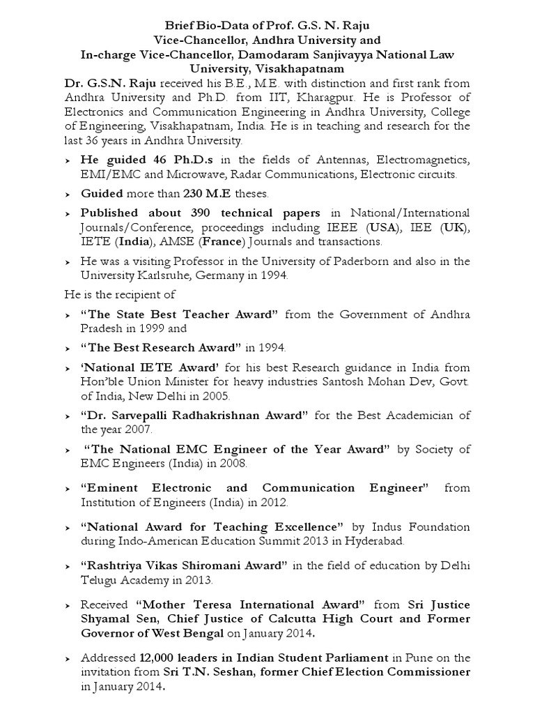 Brief Biodata GSN Raju | PDF | Electrical Engineering | Electromagnetism