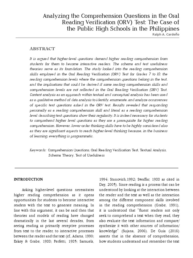 Analyzing The Comprehension Questions in The Oral Reading Verification ...