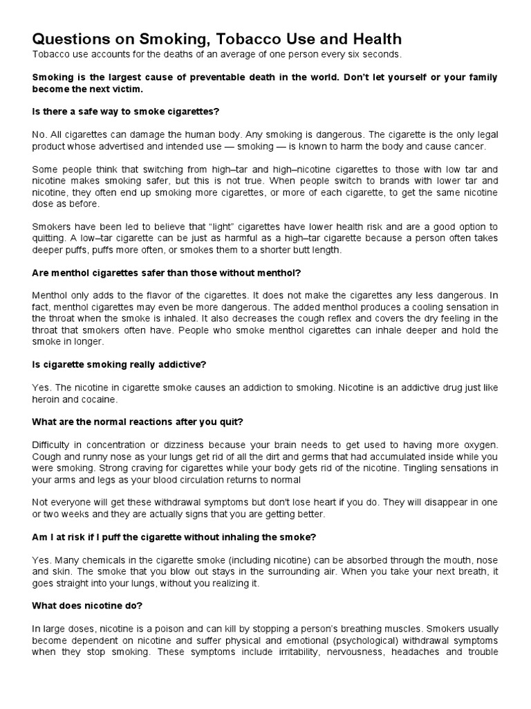 Questions On Smoking Tobacco Use and Health | PDF | Cigarette | Tobacco ...
