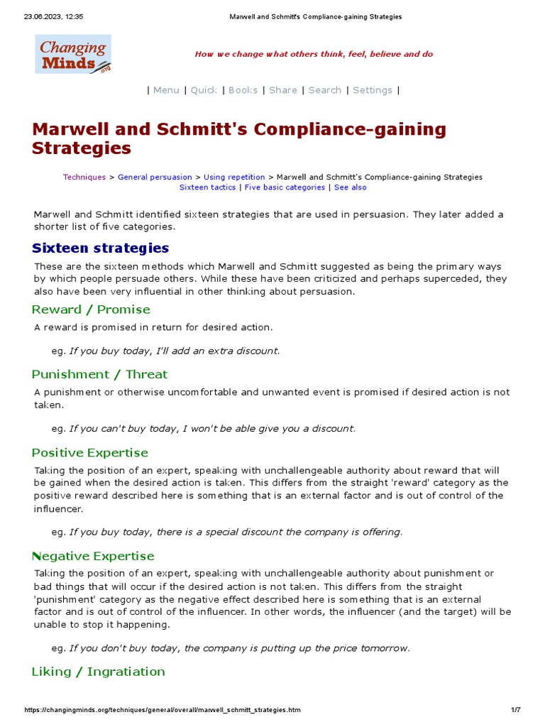 Marwell and Schmitt's Compliance-Gaining Strategies | PDF | Persuasion ...