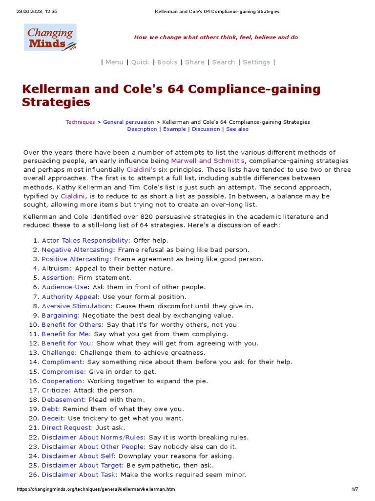 Kellerman and Cole's 64 Compliance-Gaining Strategies | PDF | Cognitive ...