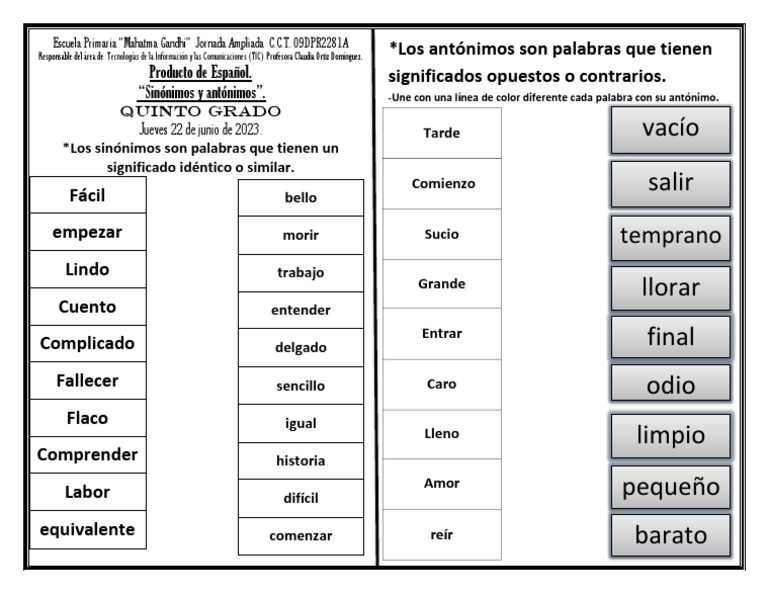 5º GRADO.-Sinónimos y Antónimos | PDF