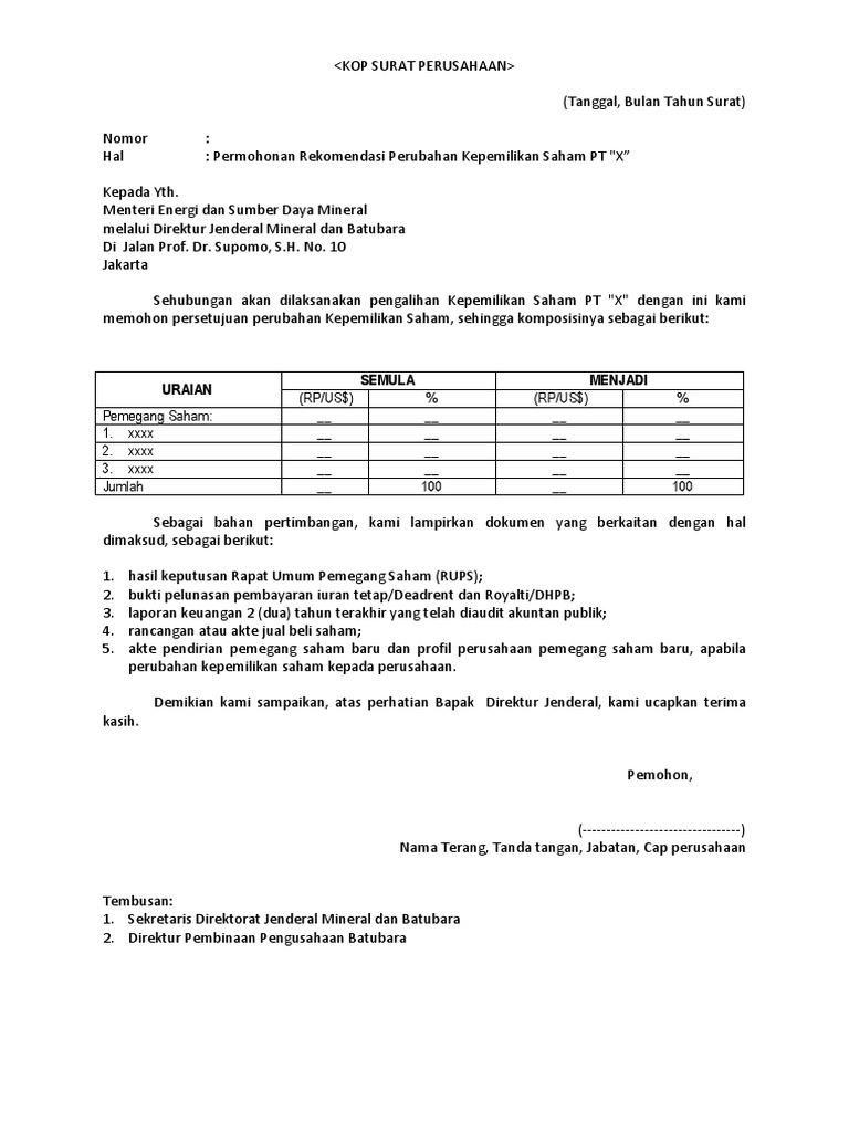 Format rekomendasi perubahan kepemilikan saham pkp2b | PDF