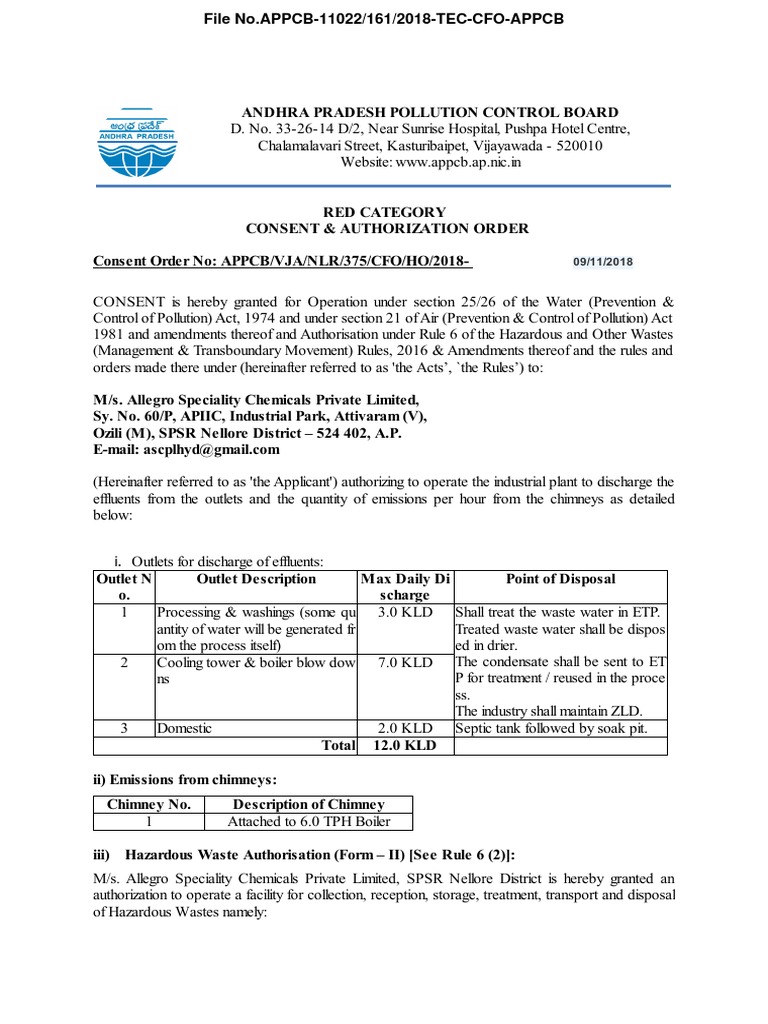 Allegro Speciality Chemicals CFO Order | PDF | Waste | Hazardous Waste