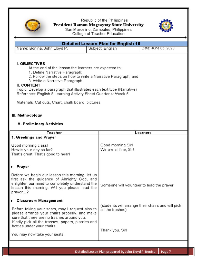 English 10 Narrative Writing Plan | PDF | Narrative | Lesson Plan