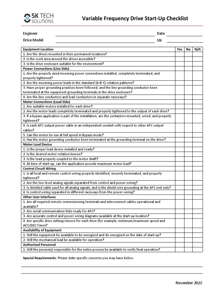 Variable Frequency Drive Start-Up Checklist | PDF | Electrical Wiring | Electric Motor