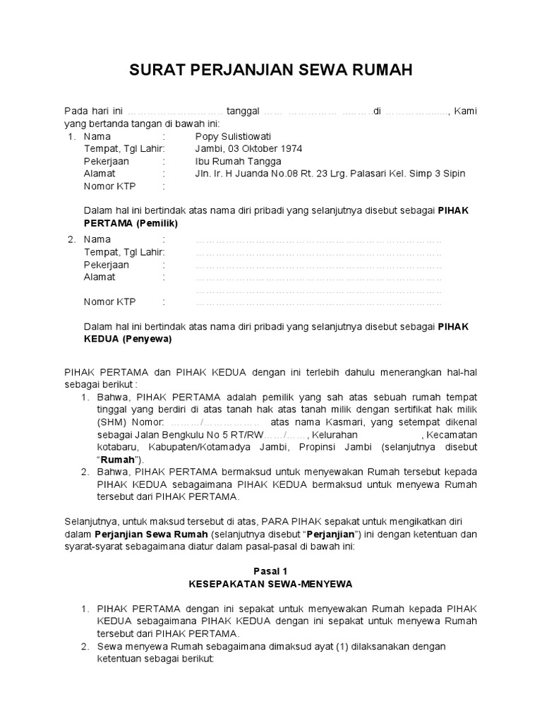 Surat Perjanjian Sewa Rumah | PDF