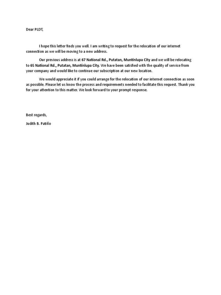 Request for Relocation of Internet Connection | PDF