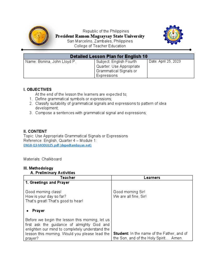 Use Appropriate Grammatical Signals or Expressions To Each Pattern of Idea Development | PDF ...