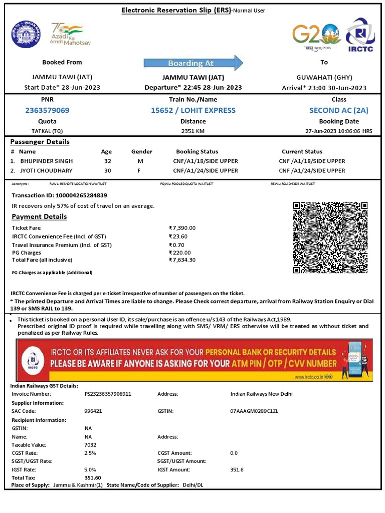 Lohit Express Second Ac (2A) | PDF | Taxes | Payments