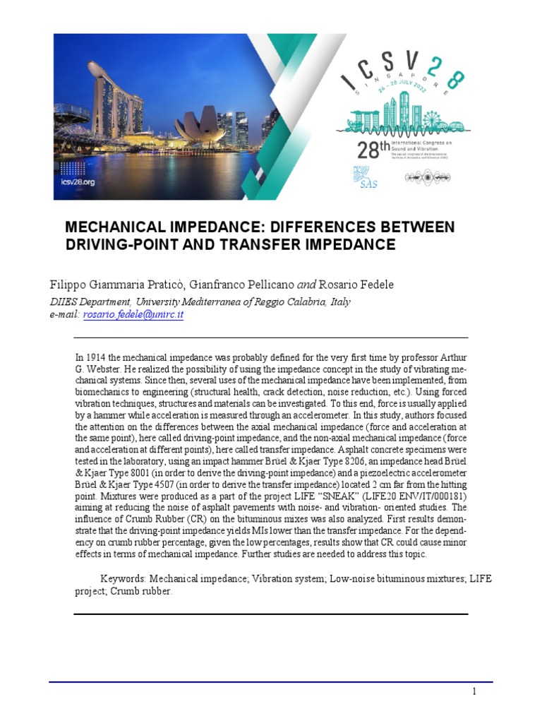 Icsv28 - Mechanical Impedance Differences Between Driving-Point and Transfer Impedance - 31.03. ...