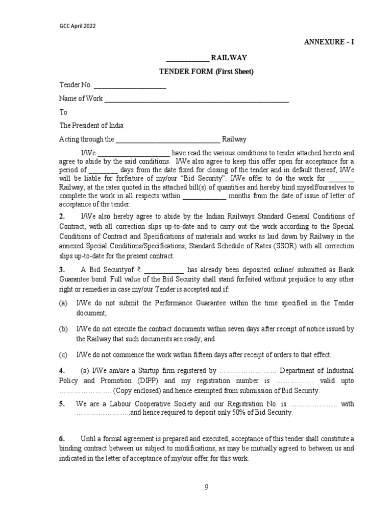 ANNEXURE-I Tender Form (First Sheet) | PDF