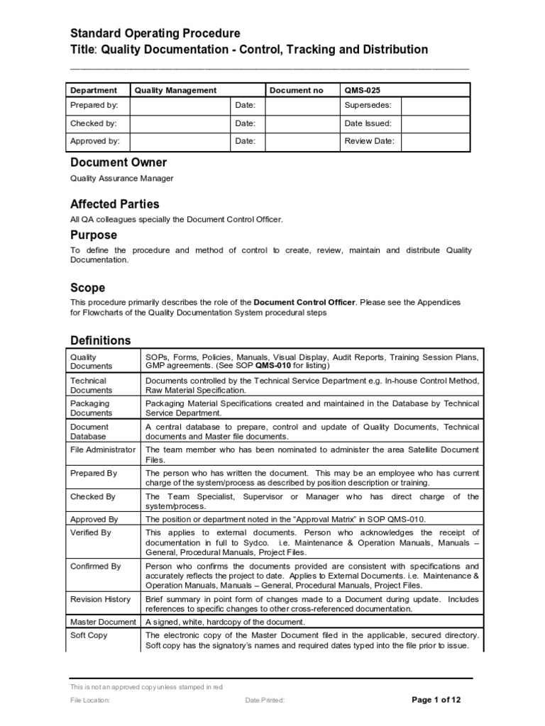 GMP Quality Documentation Control Tracking and Distribution QMS-025 Sample | Download Free PDF ...