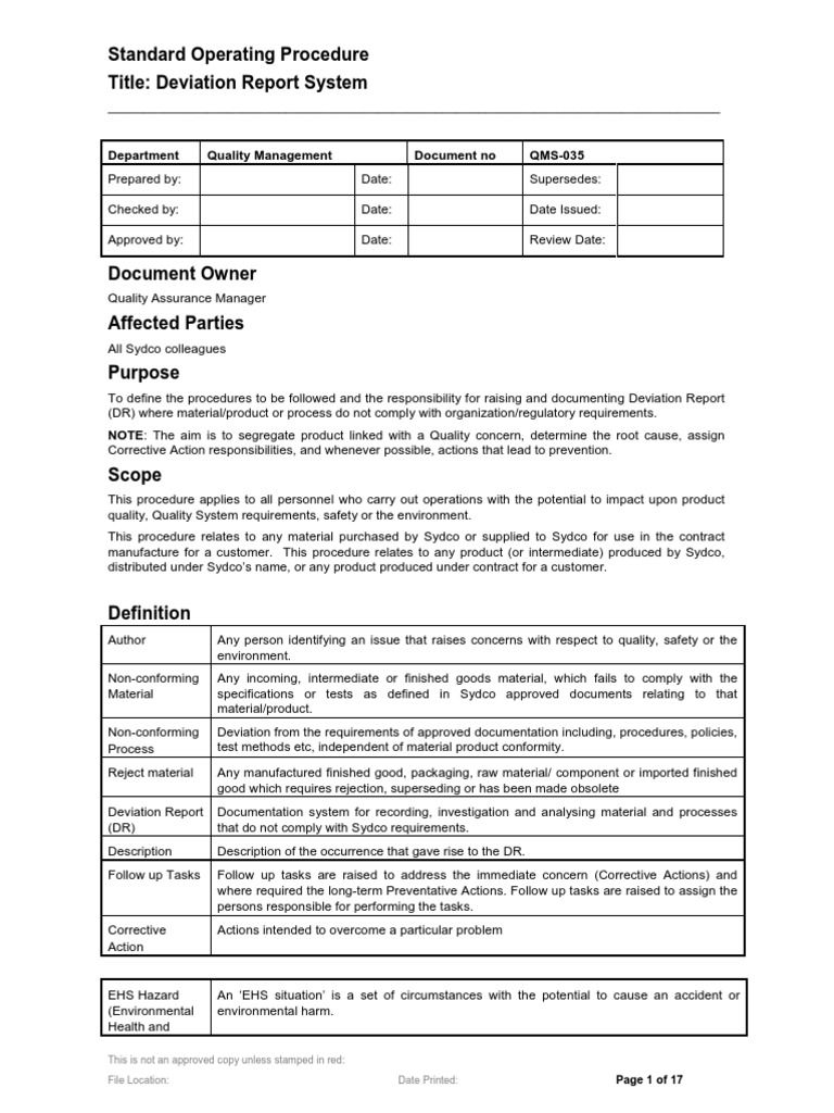 Pharmaceutical Deviation Report System QMS-035 Sample | PDF | Business ...