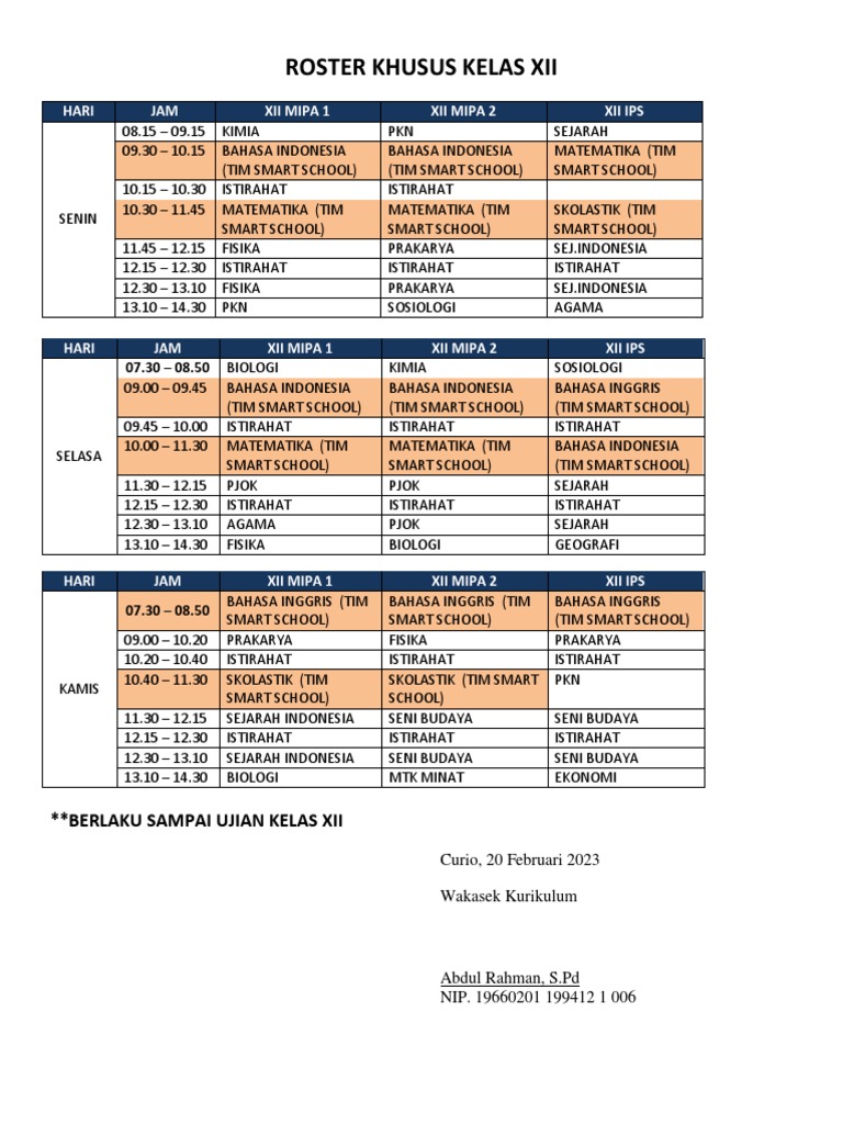 Roster Khusus Kelas Xii | PDF