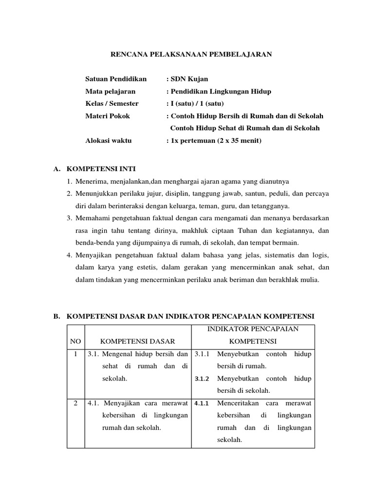 RPP PLH Kelas 1 | PDF