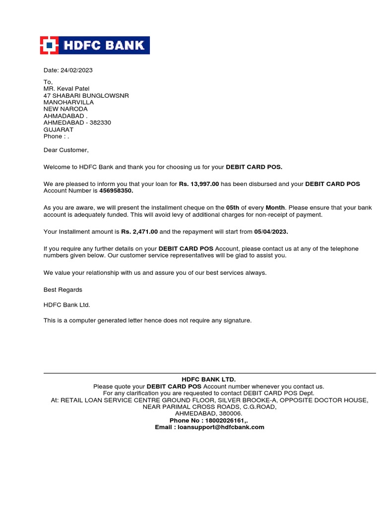HDFC Bank Welcome Letter for Loan Disbursement | PDF