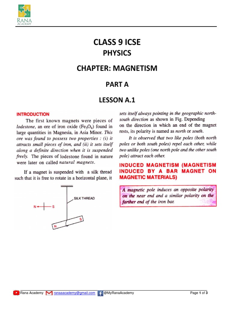 CLASS 9 ICSE - MAGNETISM- A.1 | PDF
