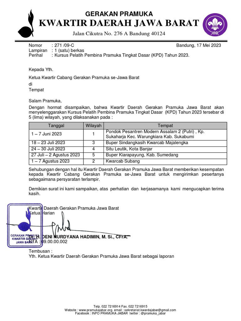 SURAT Kursus Pelatih Pembina Pramuka Tingkat Dasar (KPD) Tahun 2023 | PDF