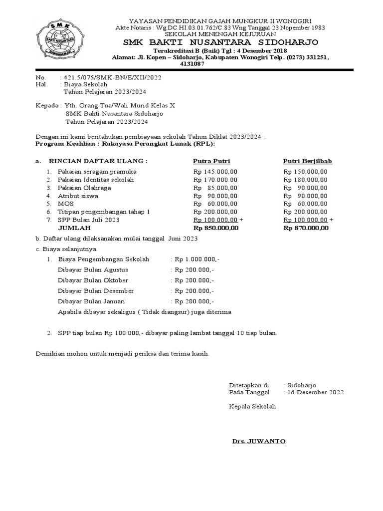 Rincian Biaya PPDB | PDF