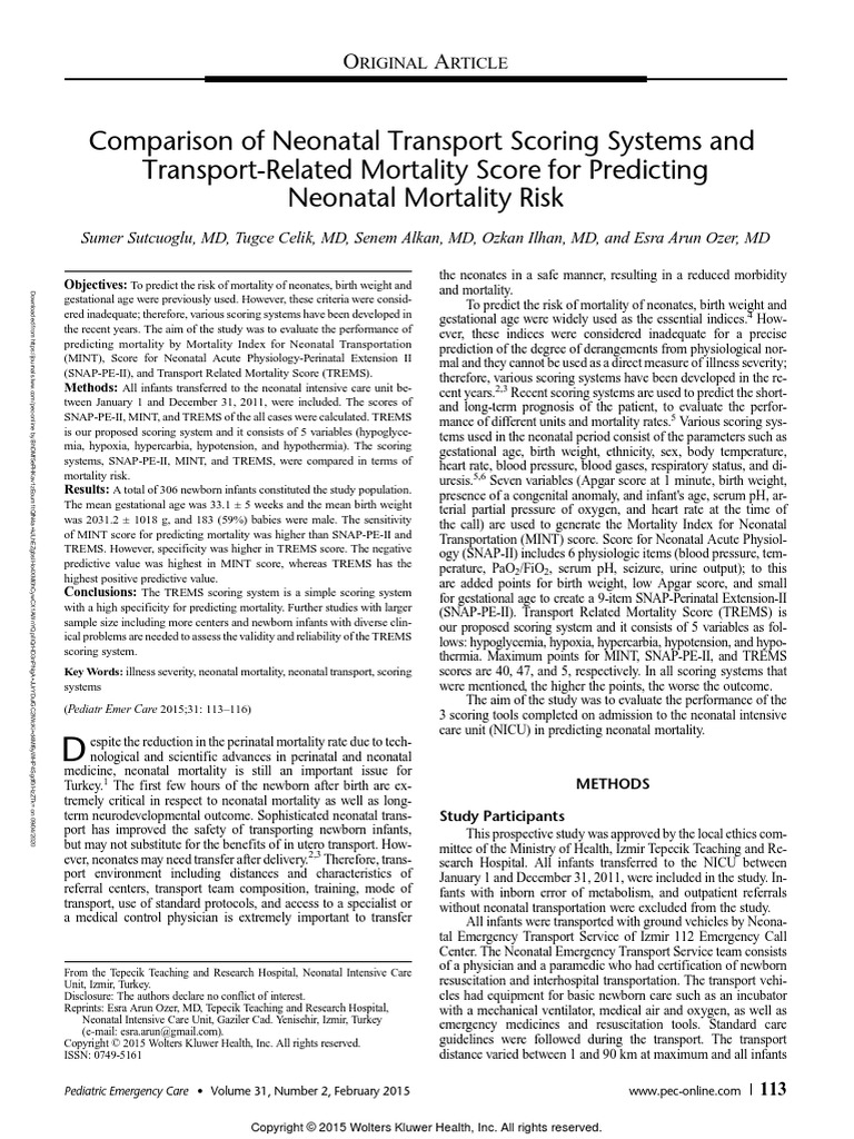 Evaluating Neonatal Transport Scoring Systems | PDF | Neonatal ...