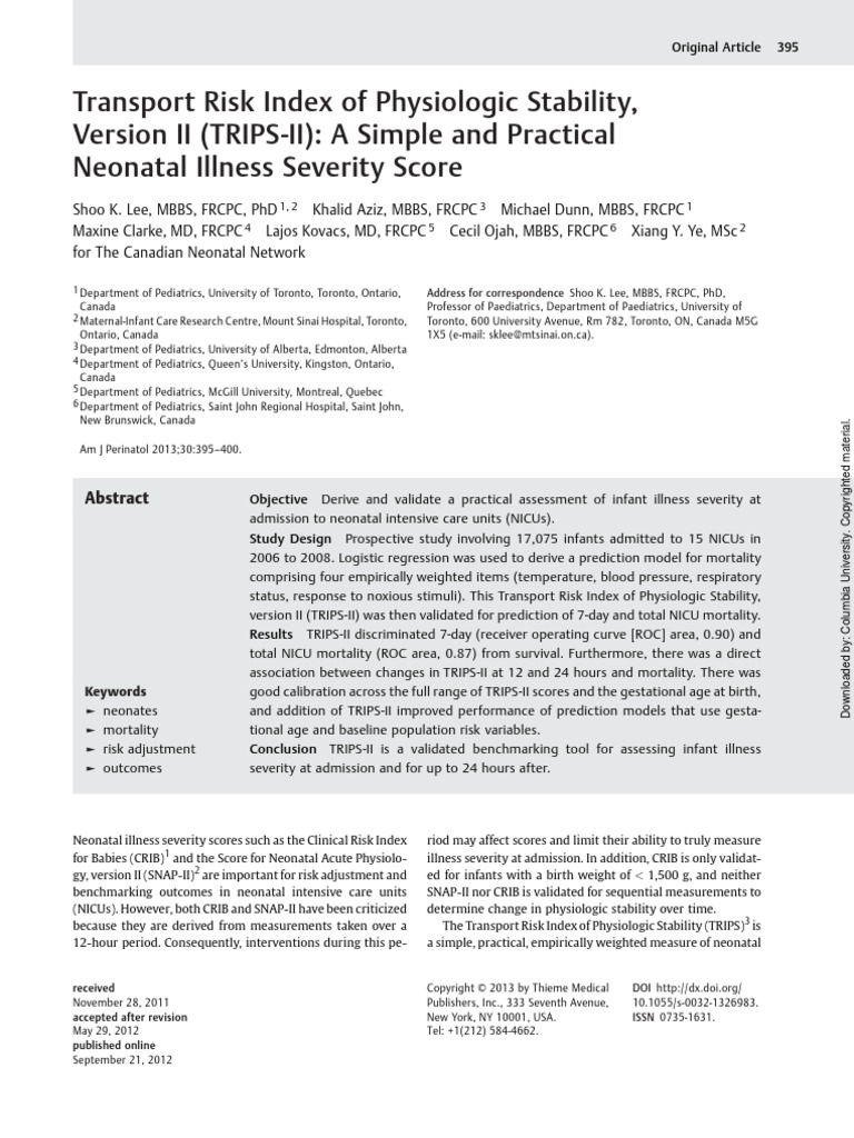 Transport Risk Index of Physiologic Stability Version II (TRIPS-II) A ...