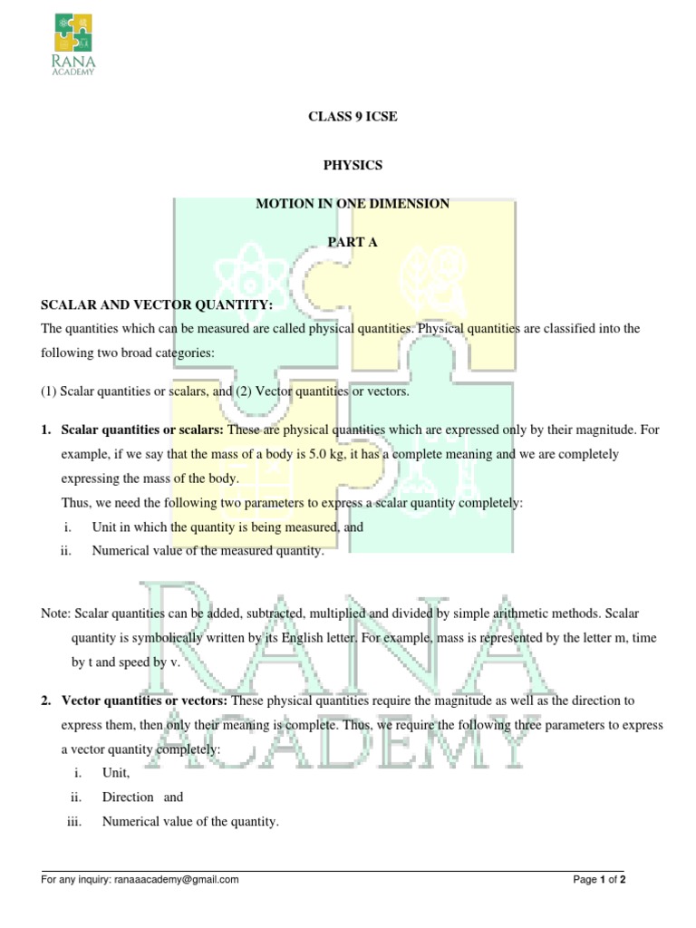 Class 9 Icse - Motion in One Dimension - Part A - Scalar and Vector Quantities | PDF