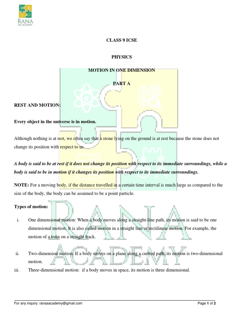 Class 9 Icse - Motion in One Dimension - Part A - Rest and Motion | PDF ...