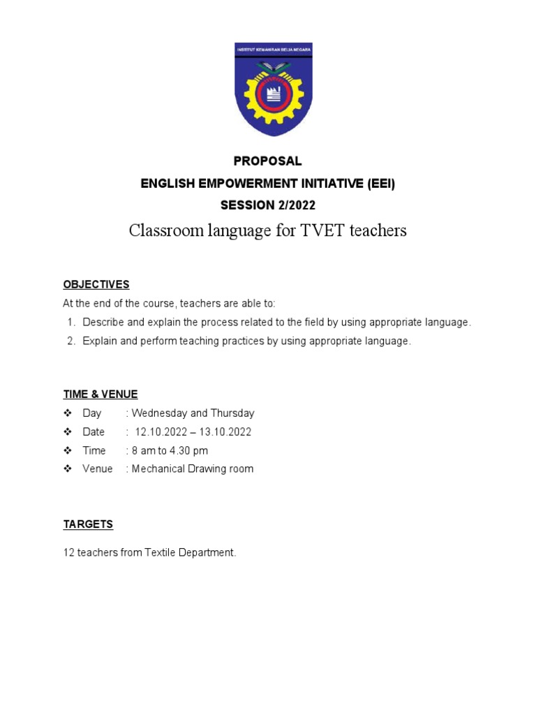 PROPOSAL Classroom language for TVET teachers | PDF