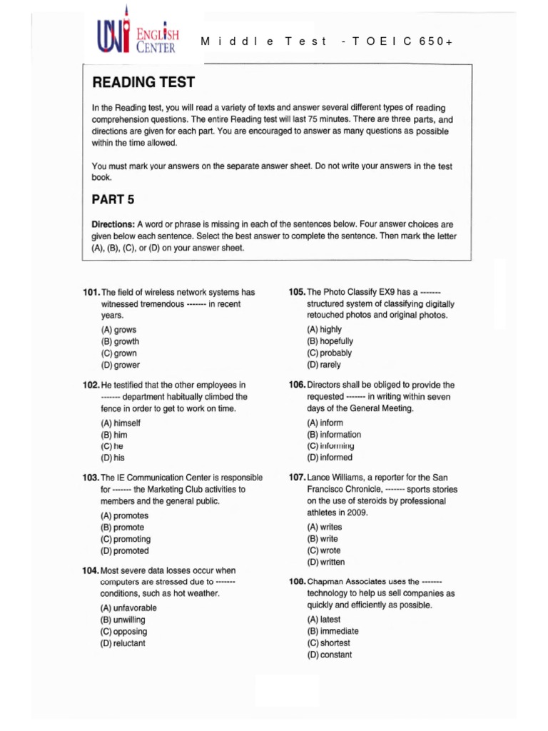 TOEIC 650 Middle Test RC | PDF