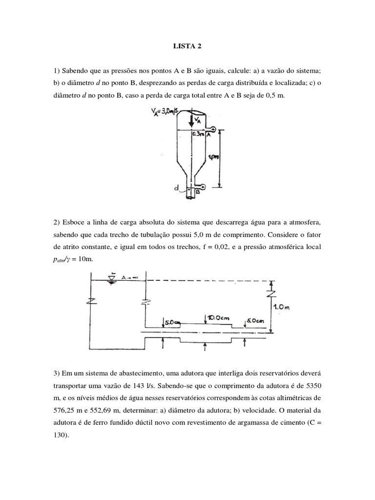 Lista 2 - Dimensionamento | PDF | Pressão | Descarga (hidrologia)
