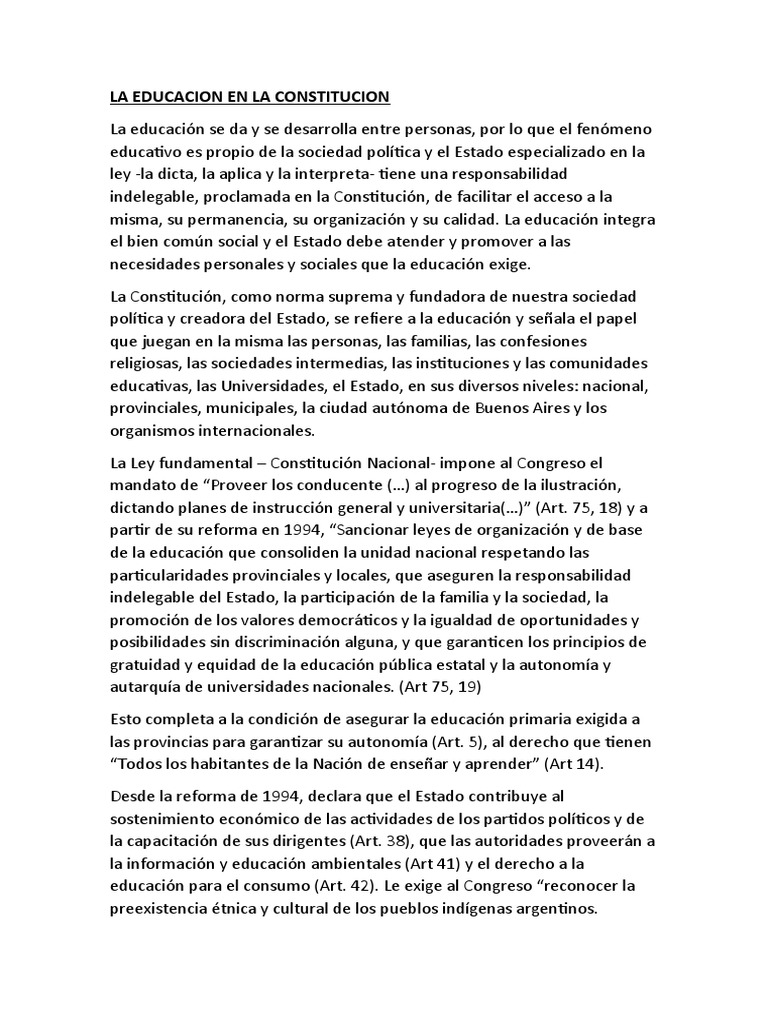 La Educacion En La Constitucion Pdf Naciones Unidas Relaciones