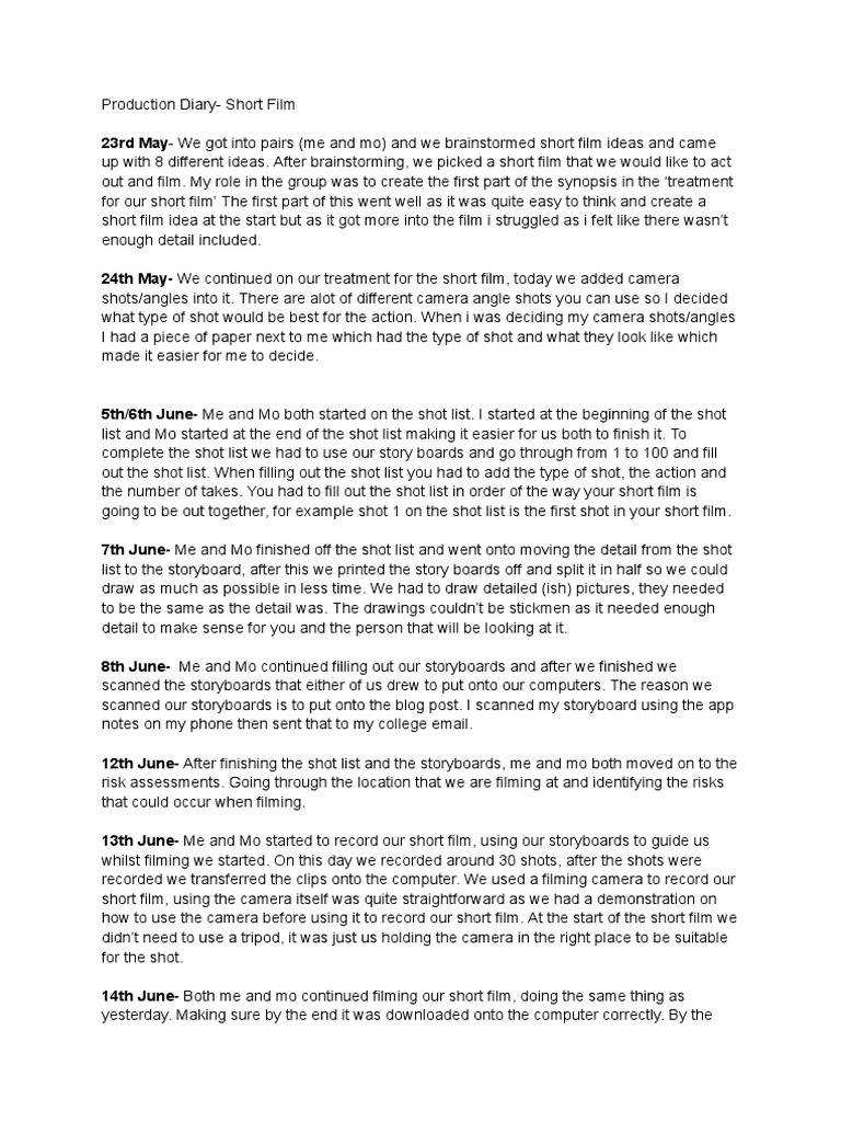 Production Diary - Short Film | PDF | Computing