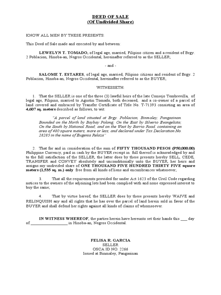 Deed of Sale: Undivided Land Share | PDF | Environmental Law | Justice