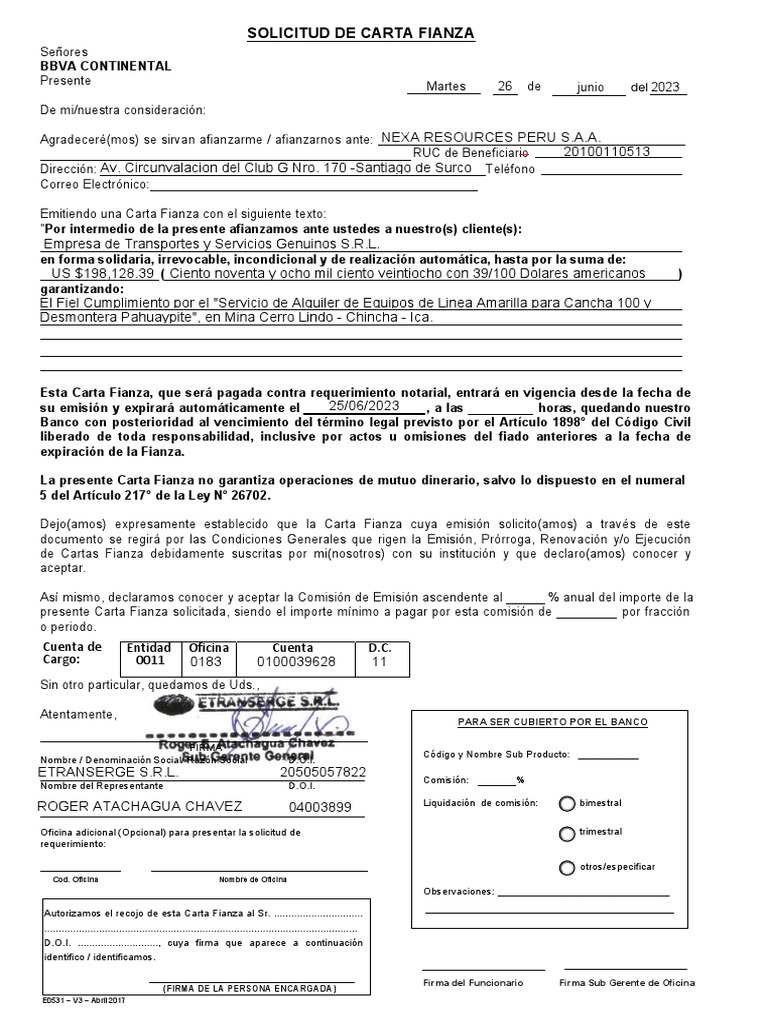 E0531 - Fianza - Solicitud Carta Fianza | PDF