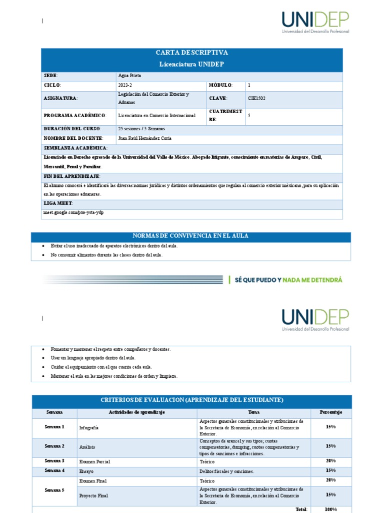Carta Descriptiva Legislacion del Comercio Exterior y Aduanas (1) | PDF ...